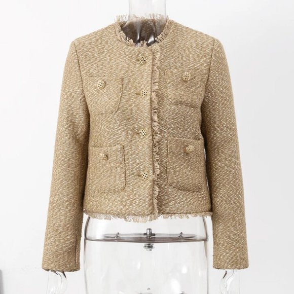 Jackets & Coats | Tweed Button Short Jacket Long Sleeve Frayed Cropped ...